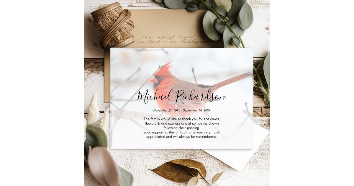 Symbolic Red Cardinal Memorial Thank You Card | Zazzle