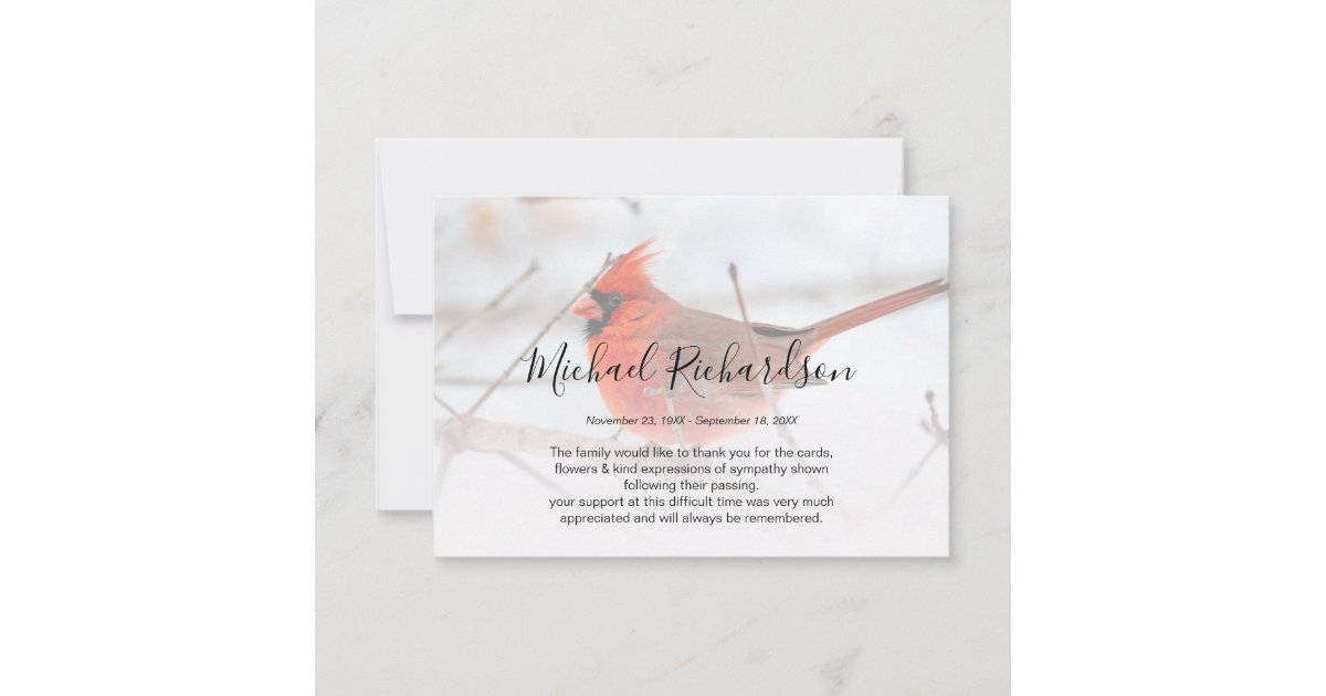 Symbolic Red Cardinal Memorial Thank You Card | Zazzle
