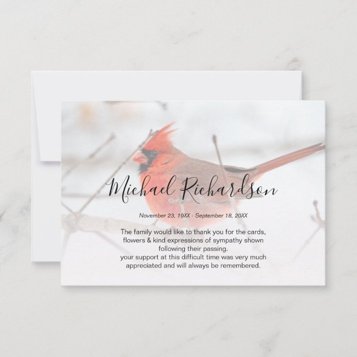 Symbolic Red Cardinal Memorial Thank You Card | Zazzle