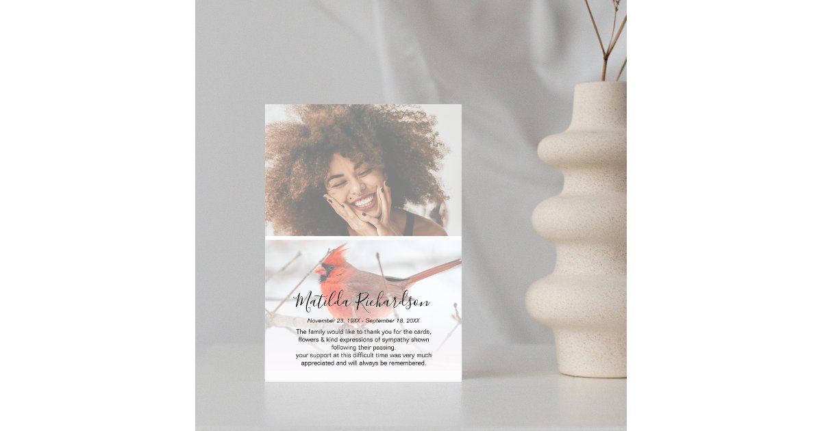 Symbolic Red Cardinal Photo Memorial Thank You Card | Zazzle