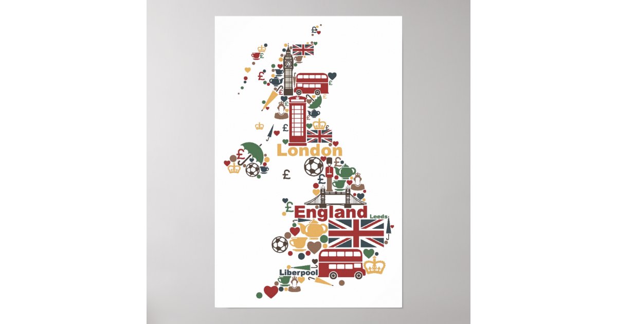 Symbols of England Map Poster | Zazzle