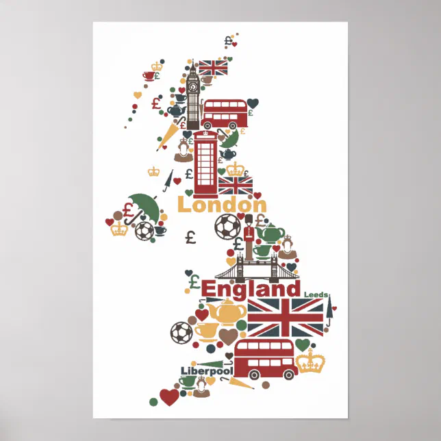 Symbols of England Map Poster | Zazzle