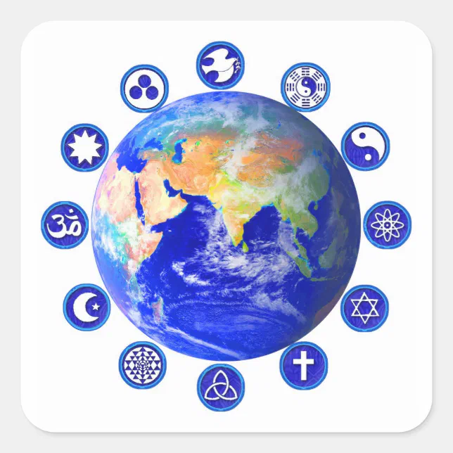 Symbols of Peace and Unity Around Planet Earth Square Sticker | Zazzle