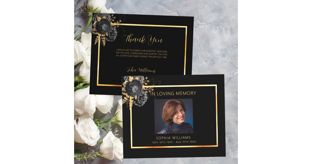 Sympathy black gold photo floral thank you card | Zazzle