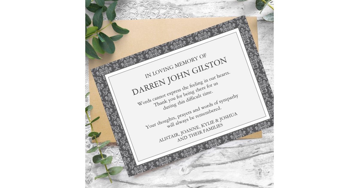 Sympathy Damask Silver Funeral Thank You Cards | Zazzle