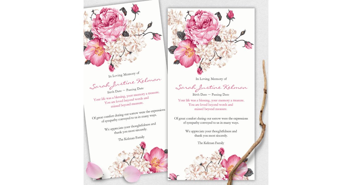 Sympathy Elegant Pink Rose Funeral Thank You Cards | Zazzle