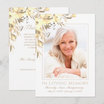 Sympathy Elegant Yellow Rose Floral Photo Funeral Thank You Card | Zazzle