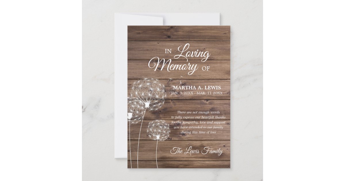 Sympathy Memorial Dandelion Pappi Rustic THANK YOU | Zazzle