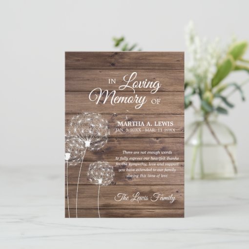 Sympathy Memorial Dandelion Pappi Rustic THANK YOU | Zazzle