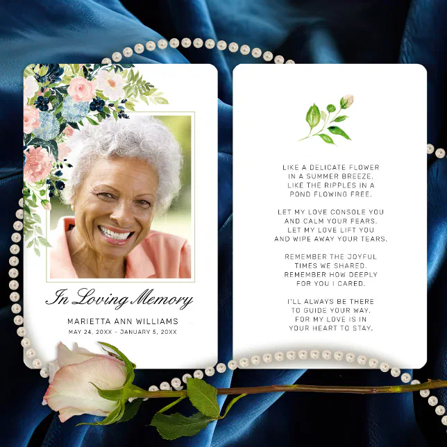 Sympathy Pink Blue Rose Floral Photo Prayer Card | Zazzle