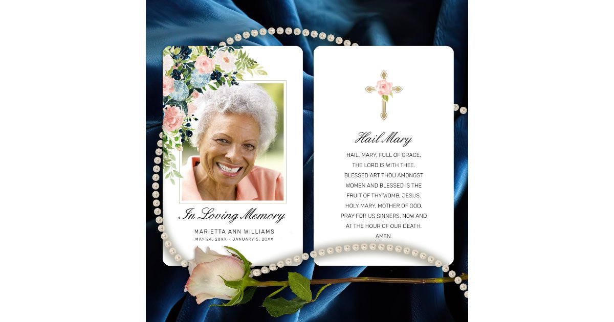 Sympathy Pink Blue Rose Floral Photo Prayer Card | Zazzle