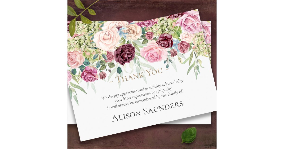 Sympathy Pink Roses Funeral Thank You Card | Zazzle
