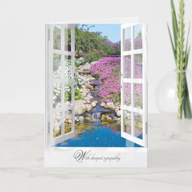 sympathy rock garden with waterfalls in window card | Zazzle