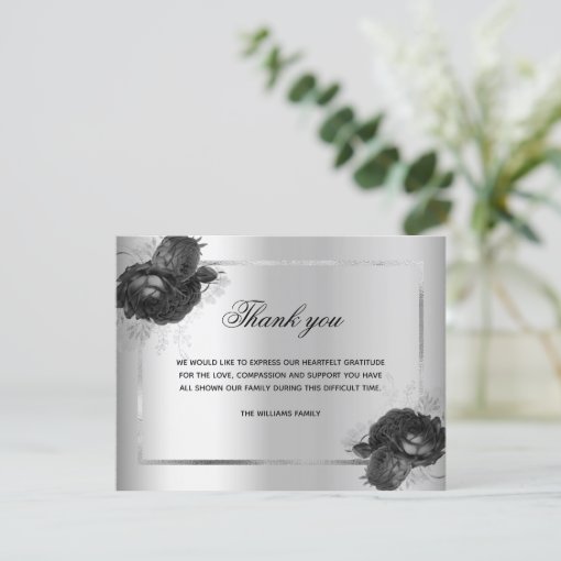 Sympathy silver floral photo thank you card | Zazzle