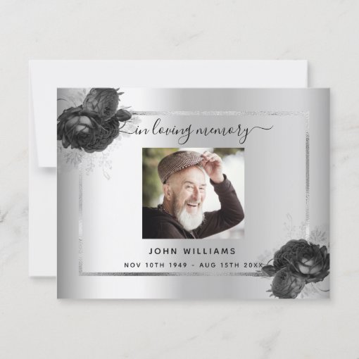 Sympathy silver floral photo thank you card | Zazzle