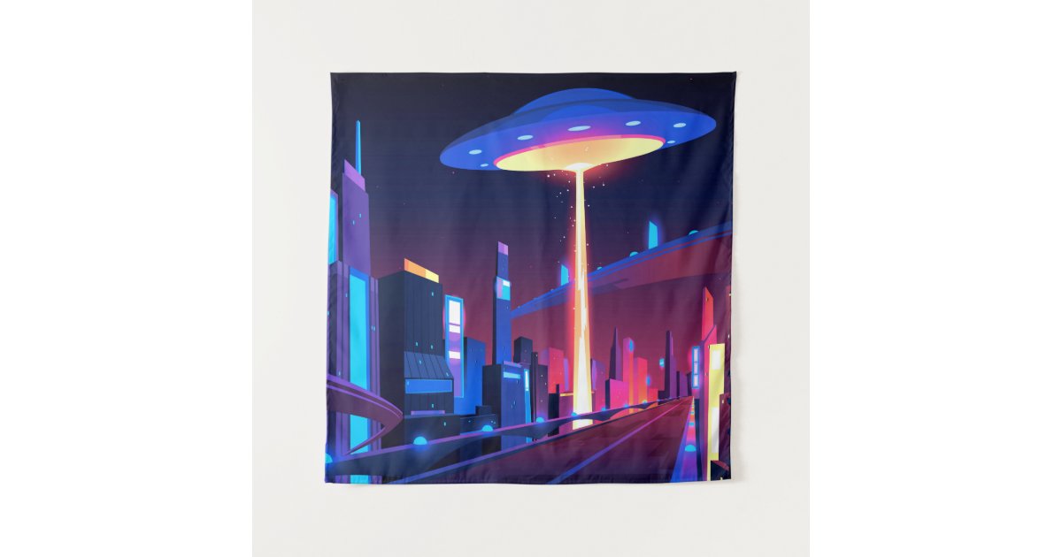 Synthwave Neon City: UFO Tapestry | Zazzle