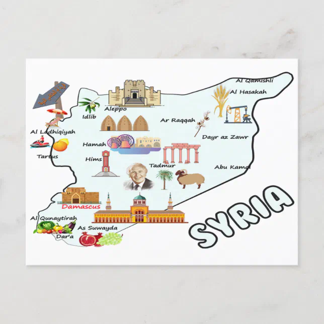 Syria map, major cities names flag Syrian national Postcard | Zazzle