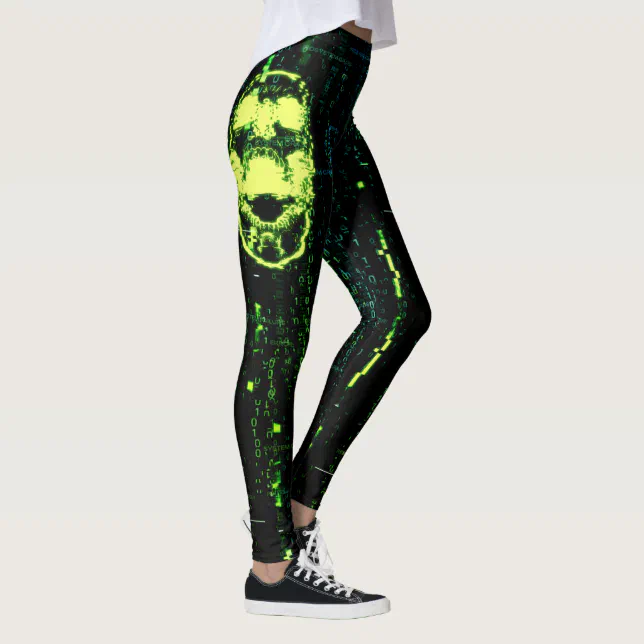 System Error Cyberpunk Screaming Skull Green Leggings | Zazzle