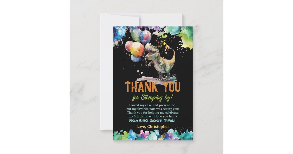 T-Rex Dinosaur Balloons Paint Splash Birthday Thank You Card | Zazzle