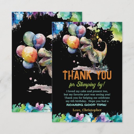 T-Rex Dinosaur Balloons Paint Splash Birthday Thank You Card | Zazzle
