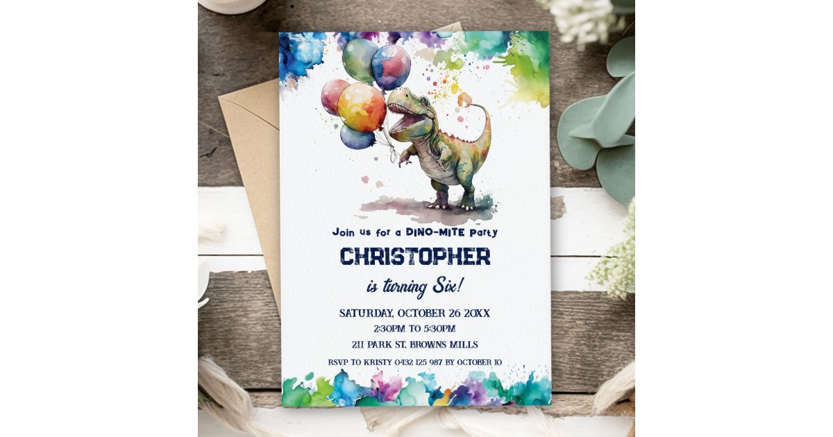 T-Rex Dinosaur Balloons Splash Birthday Party Invitation | Zazzle