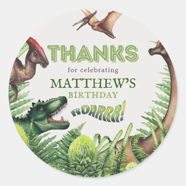 T-Rex Dinosaur Birthday Party Thank You Classic Round Sticker | Zazzle