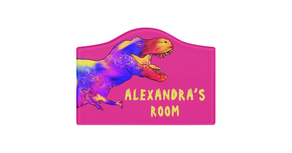 T. rex dinosaur colorful personalized pink door sign | Zazzle