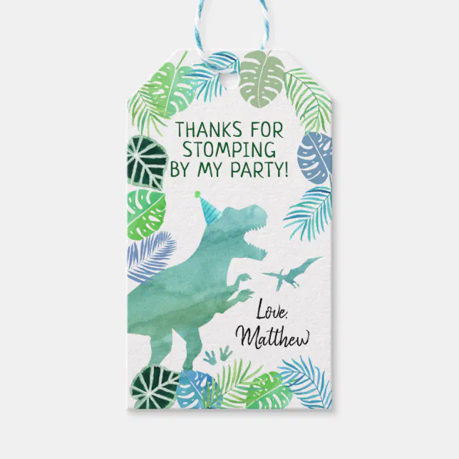 T-Rex Dinosaur Greenery Birthday Thank You Gift Tags | Zazzle