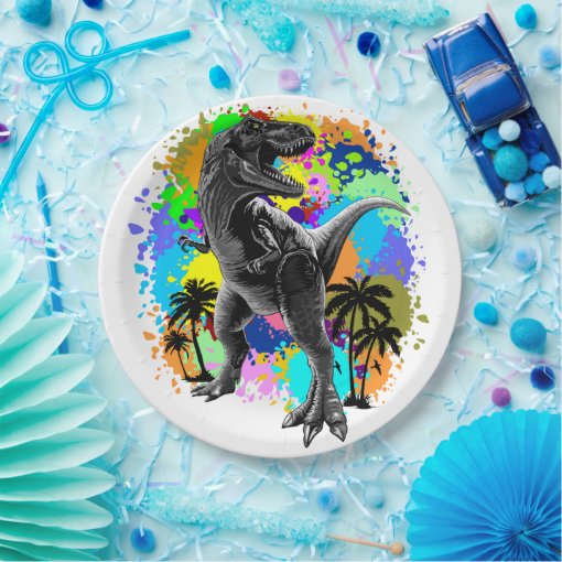 T-Rex Dinosaur Jurassic Reptile on Paint Stains Paper Plates | Zazzle