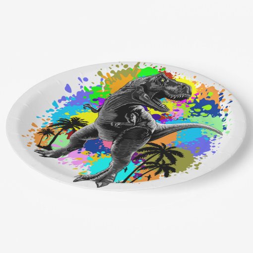 T-Rex Dinosaur Jurassic Reptile on Paint Stains Paper Plates | Zazzle