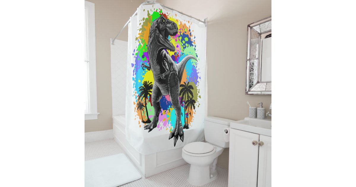 T-Rex Dinosaur Jurassic Reptile on Paint Stains Shower Curtain | Zazzle