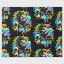 T-Rex Dinosaur Jurassic Reptile on Paint Stains Wrapping Paper | Zazzle