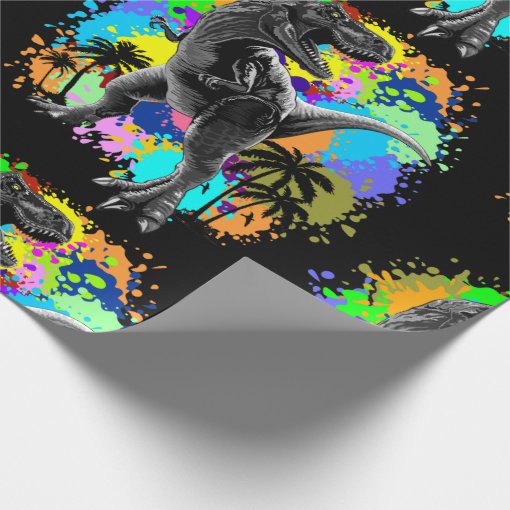 T-Rex Dinosaur Jurassic Reptile on Paint Stains Wrapping Paper | Zazzle