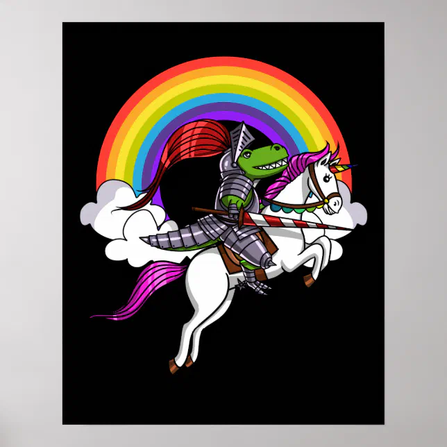 T-Rex Dinosaur Knight Riding Unicorn Rainbow Poster | Zazzle