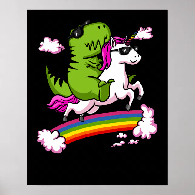 T-Rex Dinosaur Riding Magical Unicorn Rainbow Poster | Zazzle