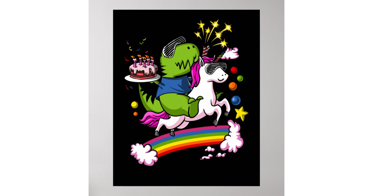 T-Rex Dinosaur Riding Unicorn Birthday Party Poster | Zazzle