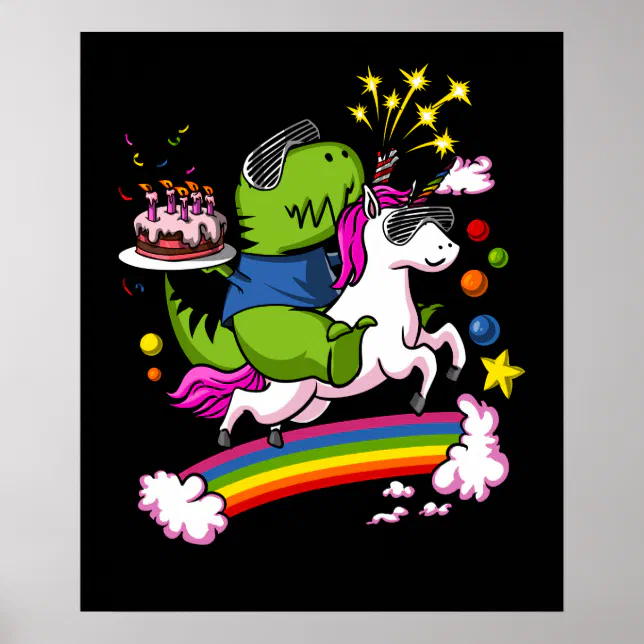 T-Rex Dinosaur Riding Unicorn Birthday Party Poster | Zazzle
