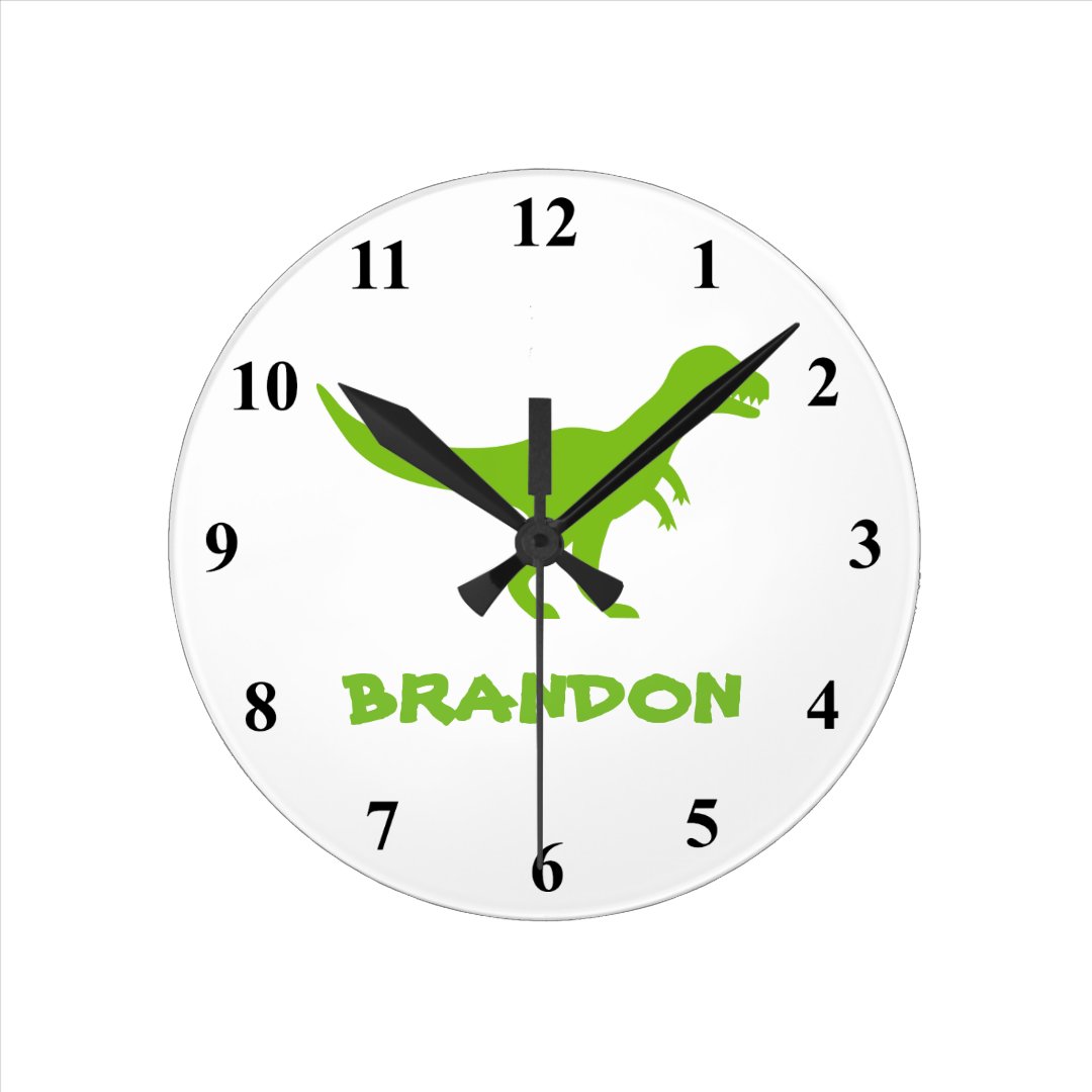 T Rex dinosaur wall clock with custom kids name | Zazzle