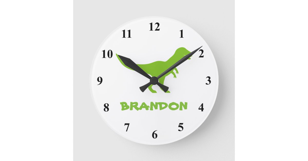 T Rex dinosaur wall clock with custom kids name | Zazzle