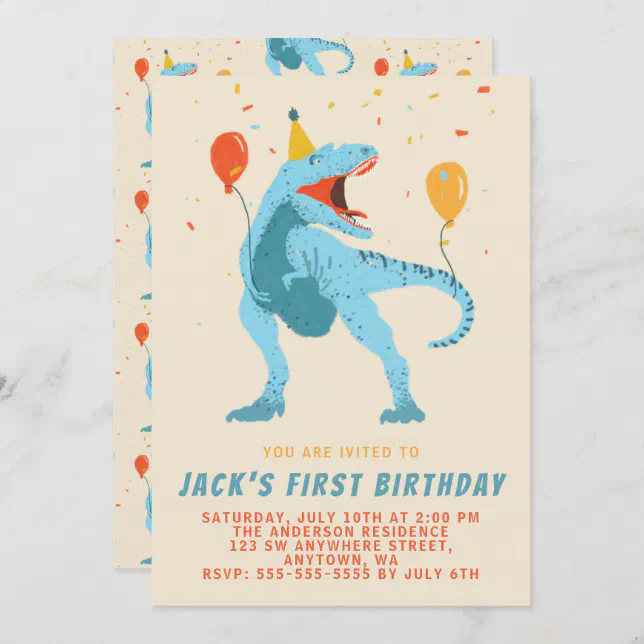 T-Rex Dinosaur Watercolor Birthday Party Invitation | Zazzle