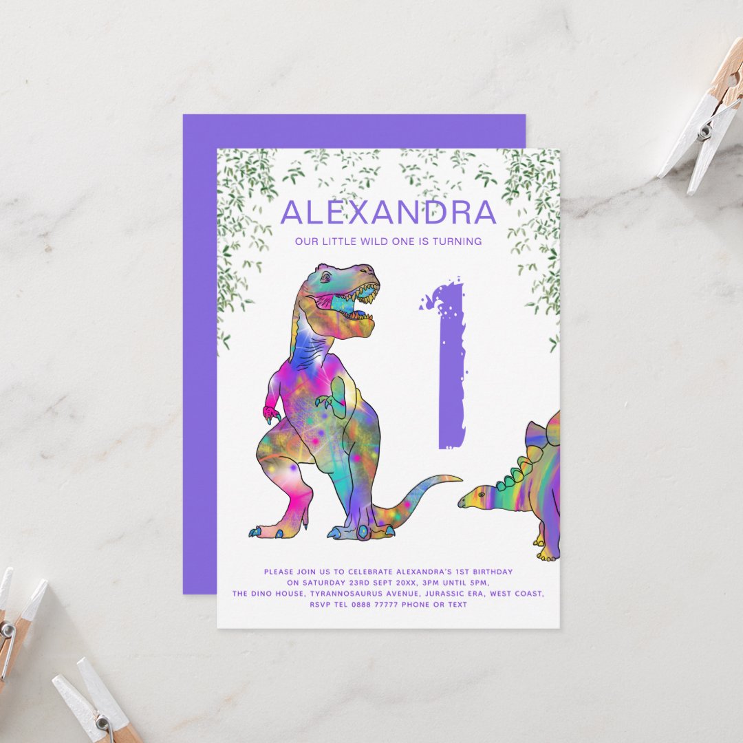 T. rex girls 1st Birthday Party purple Invitation | Zazzle
