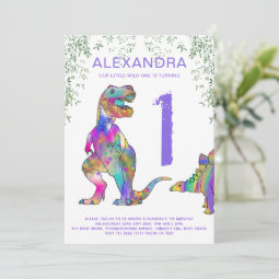 T. rex girls 1st Birthday Party purple Invitation | Zazzle