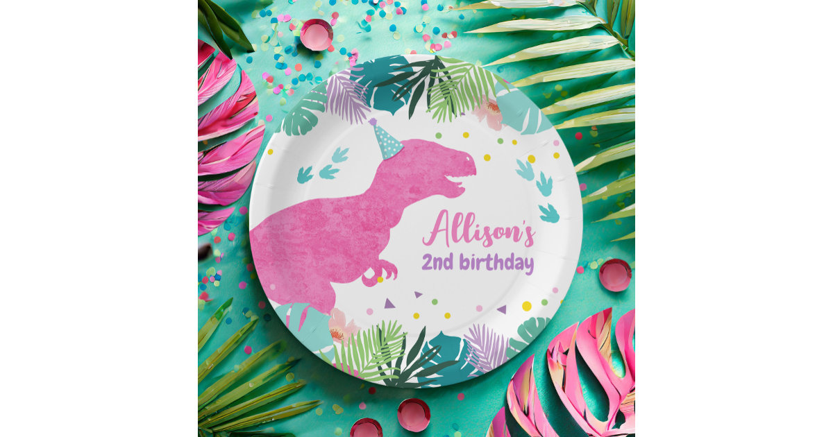 T-Rex Pink Dinosaur Girl Dino Prehistoric Birthday Paper Plates | Zazzle