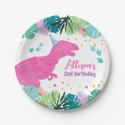T-Rex Pink Dinosaur Girl Dino Prehistoric Birthday Paper Plates | Zazzle