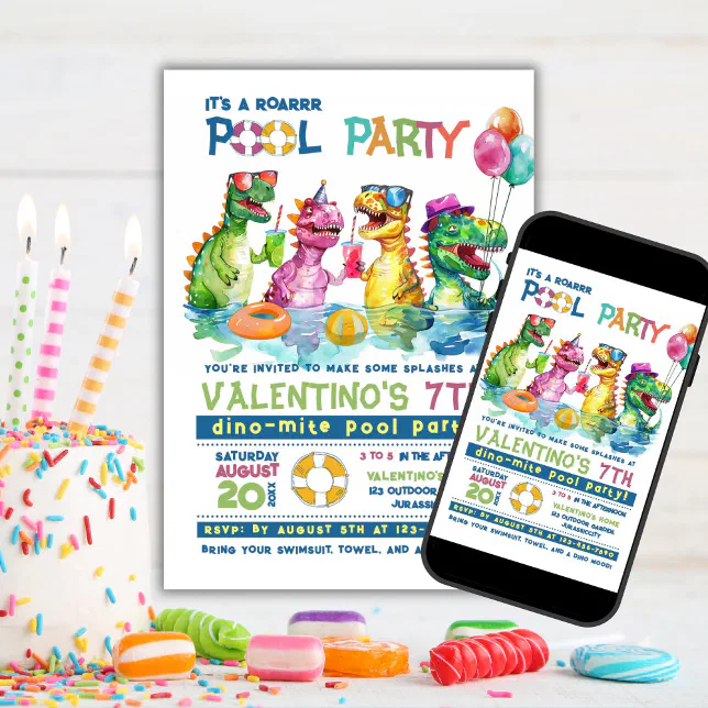 T-Rex Pool Party Birthday Invitation | Zazzle