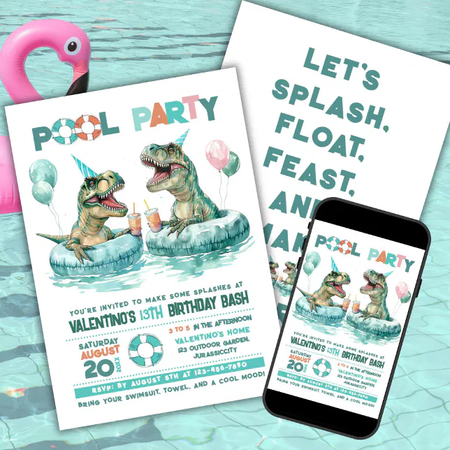T-Rex Pool Party Birthday Invitation | Zazzle