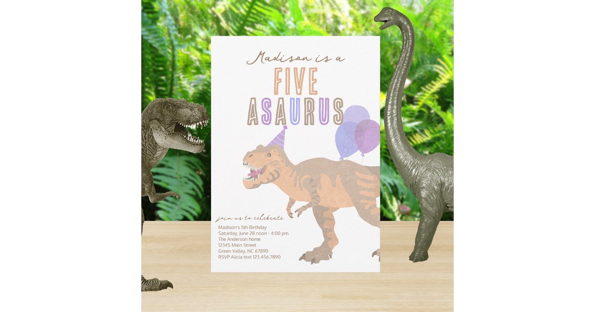 T-Rex Tan Five Asaurus Any Age Birthday Party Invitation | Zazzle