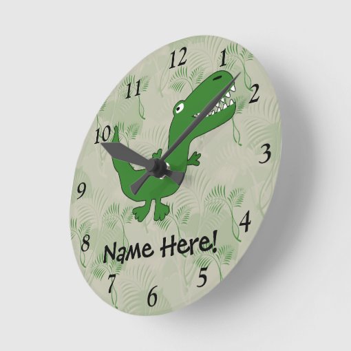 T-Rex Tyrannosaurus Rex Dinosaur Cartoon Kids Boys Round Clock | Zazzle