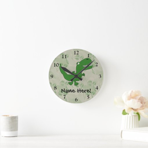 T-Rex Tyrannosaurus Rex Dinosaur Cartoon Kids Boys Round Clock | Zazzle