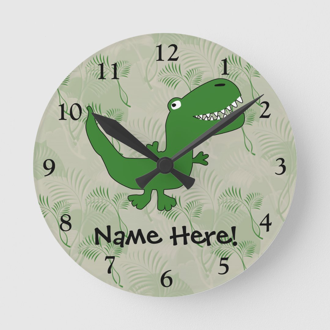 T-Rex Tyrannosaurus Rex Dinosaur Cartoon Kids Boys Round Clock | Zazzle